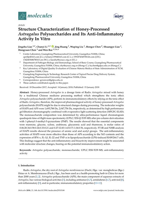 Pdf Structure Characterization Of Honey Processed Astragalus Polysaccharides And Its Anti