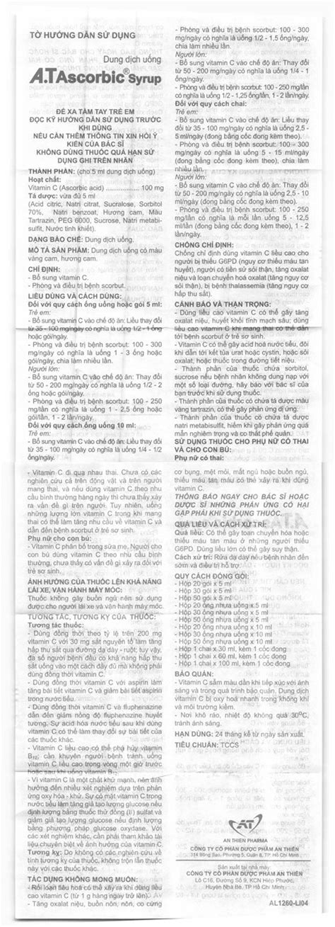 At Ascorbic Syrup Là Thuốc Gì Công Dụng Cách Dùng Và Lưu ý Khi Dùng