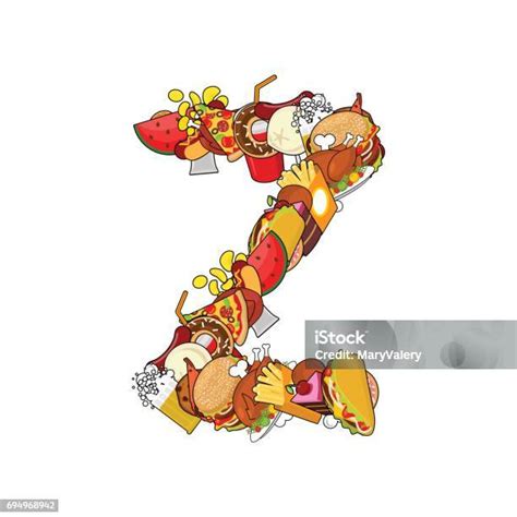 문자 Z 식용입니다 알파벳 기호 식품의 개념 템플릿 요소 Abc 피드 요리 아이콘입니다 피자 고 타코입니다 도넛과 패스트 푸드 핫도그 그리고 쿠키입니다 구운된 터키 고 수