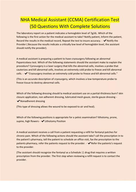 Nha Medical Assistant Ccma Certification Test 50 Questions With Complete Solutions