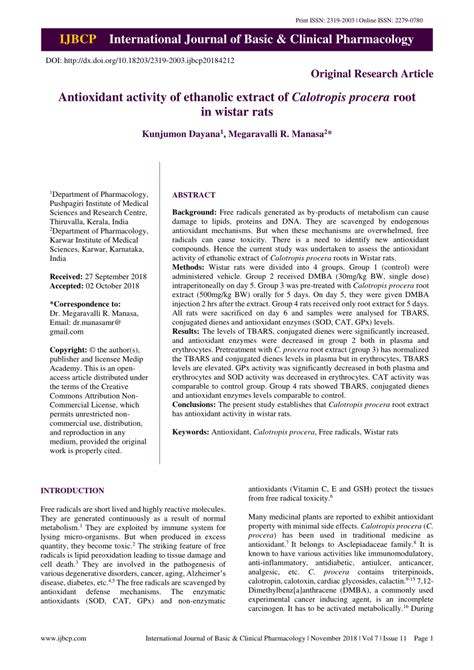 Pdf Antioxidant Activity Of Ethanolic Extract Of Calotropis Procera