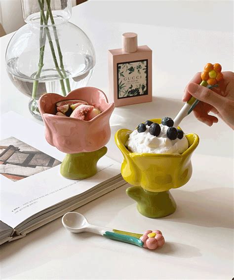 로맨틱 튤립 아포가토컵꽃 도자기 티스푼세트 요거트컵 아이스크림볼 세라믹 플라워컵 디저트보울 에이블리