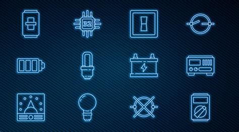 세트 라인 멀티 미터 전기 측정기 전등 스위치 Led 전구 배터리 충전 수준 표시기 자동차 배터리 및 미세 회로 Cpu 아이콘이있는 프로세서 벡터 Cpu에 대한 스톡 벡터