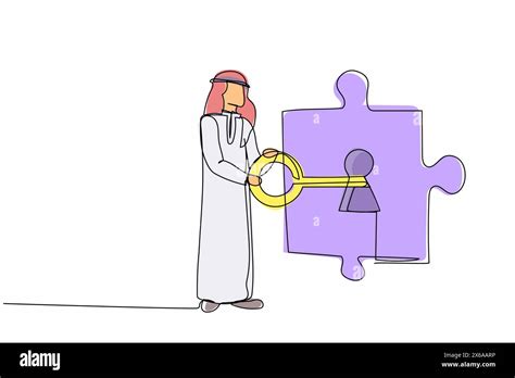 Single Continuous Line Drawing Arab Businessman Putting Big Key Into Puzzle Piece Teamwork