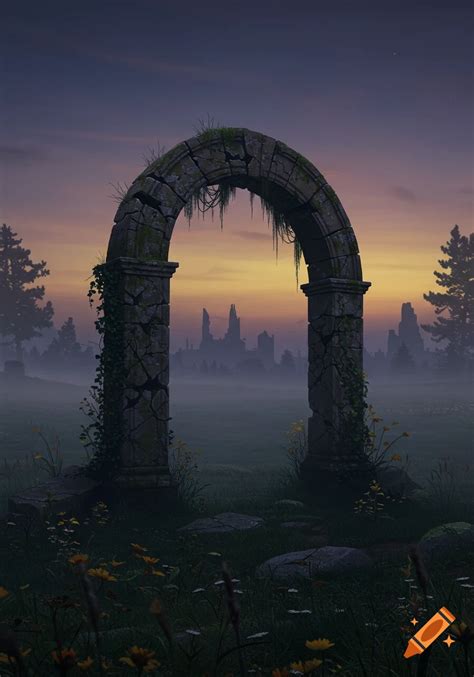 A Large Moss Covered Stone Archway Stands In A Misty Grassy Field At