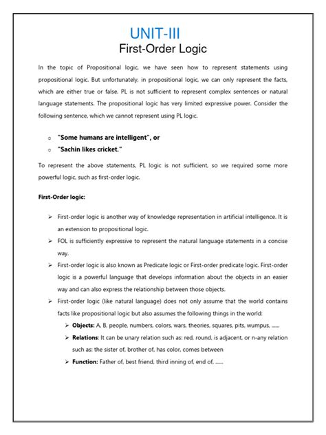 3iai Unit Iii First Order Logic Pdf First Order Logic Interpretation Logic