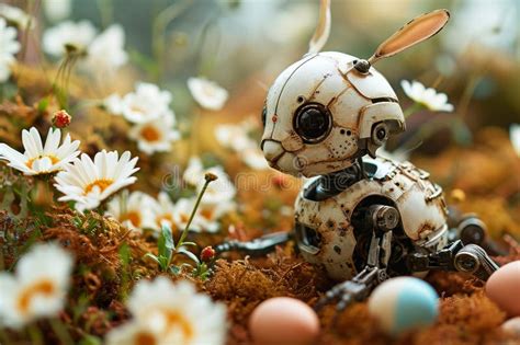 Robot Rabbit Exoskeleton With Colorful Eggs And Flowers At A Techno