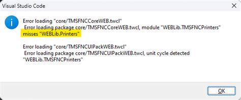 error loading package misses weblib printers tms web core vsc