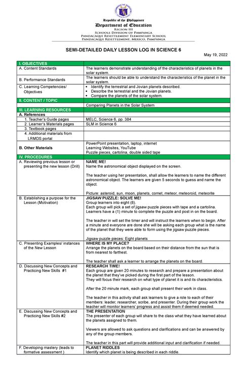 Trf Objective 9 Prompt 2 Dlpscience 6 Semi Detailed Daily Lesson Log In Science 6 May 19 2022