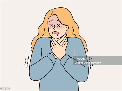 여자는 건강 문제가 있고 목을 잡고 질식합니다 심리적 질병으로 고통받습니다 숨 막힘에 대한 스톡 벡터 아트 및 기타 이미지 숨 막힘 일러스트레이션 살인 Istock