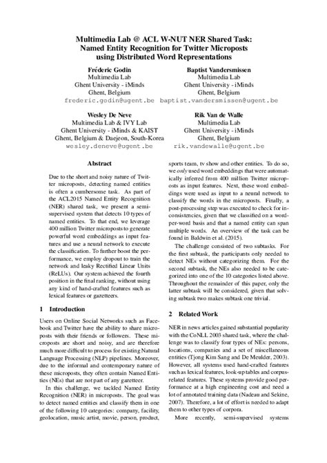 Pdf Multimedia Lab Acl W Nut Ner Shared Task Named Entity Recognition For Twitter