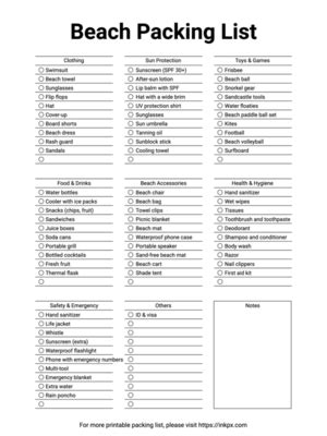 Free Printable Beach Packing List In Pdf Png And  Formats · Inkpx