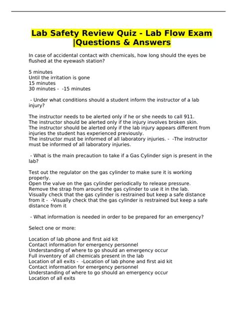 Lab Safety Review Quiz Lab Flow Exam Questions And Answers Lab