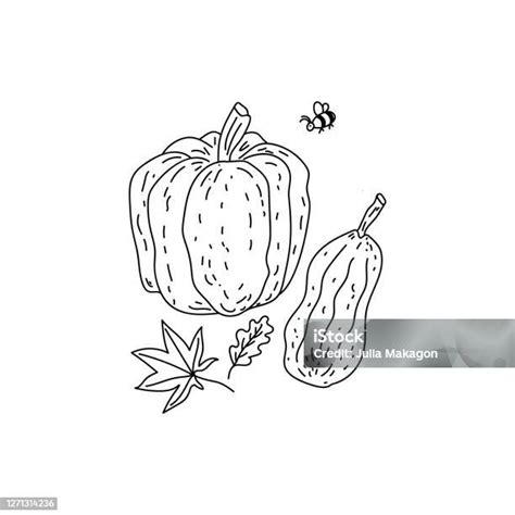 호박 단풍 날아다니는 꿀벌 벡터 집합입니다 낙서 스타일의 일러스트레이션 아늑한 가을과 겨울의 상징 흰색 배경에 격리된 검은색