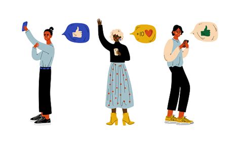 소셜 미디어 및 온라인 네트워크 통신 벡터 세트에 종사하는 스마트 폰을 가진 젊은 남자와 여자 Z세대에 대한 스톡 벡터 아트 및