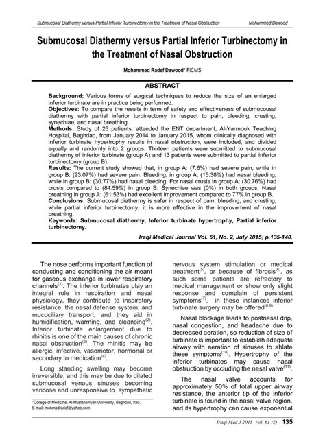 Pdf Submucosal Diathermy Versus Partial Inferior Turbinectomy In The