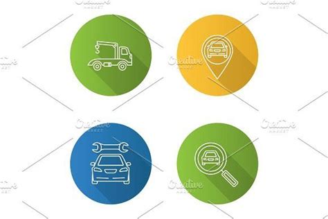 Auto Workshop Flat Linear Long Shadow Icons Set