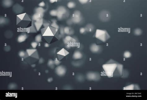 Abstract 3d Rendering Of Chaotic Low Poly Particles Flying Polygonal Spheres In Empty Space