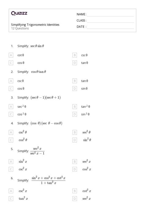 50 Trigonometric Identities Worksheets For 12th Year On Quizizz Free