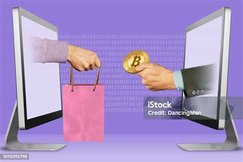 전자 상거래 개념 2는 노트북에서 손 쇼핑 가방 손 그리고 Bitcoin와 손 3 차원 일러스트 레이 션 구매에 대한 스톡 사진 및 기타 이미지 Istock