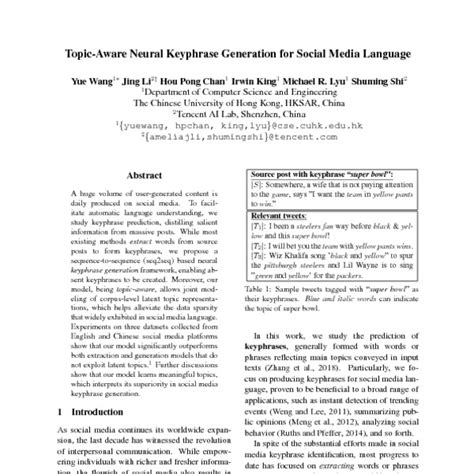Topic Aware Neural Keyphrase Generation For Social Media Language Acl