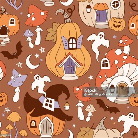 요정 할로윈 호박 집 귀여운 버섯 집 박쥐 유령 버섯 달 별이 있는 손으로 그린 매끄러운 벡터 패턴 섬유 벽지 또는 인쇄 디자인에 적합합니다 0명에 대한 스톡 벡터 아트 및