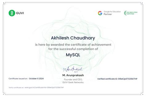 Akhilesh Chaudhary On Linkedin Certificate For The Successful Completion Of Mysql Provided By Guvi