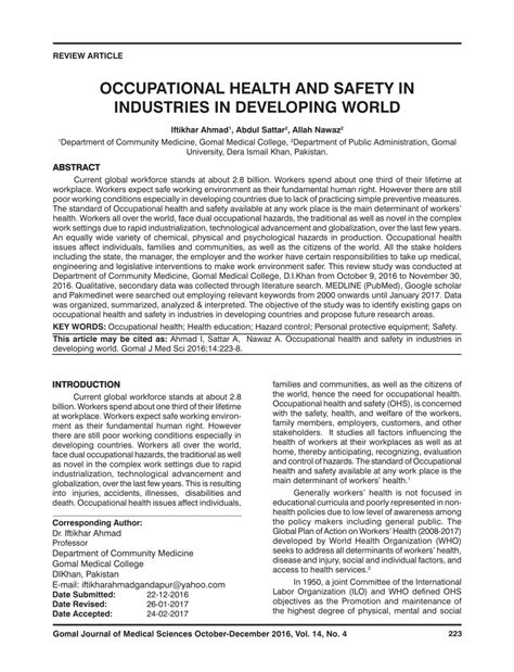 (PDF) OCCUPATIONAL HEALTH AND SAFETY IN INDUSTRIES IN DEVELOPING WORLD