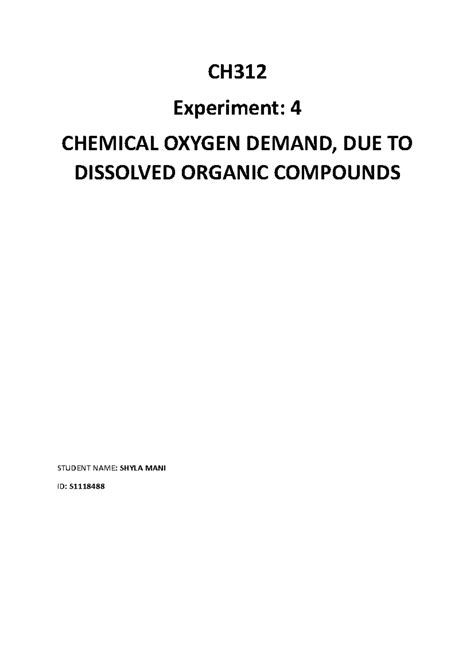 Ch Lab COD Final Lab Report CH Experiment CHEMICAL OXYGEN DEMAND DUE TO DISSOLVED