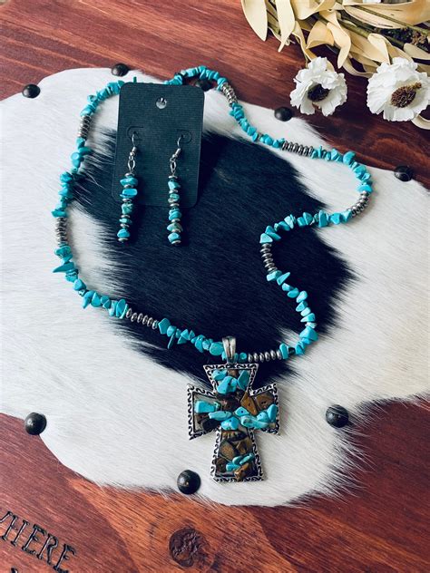 Turquoise Rock Cross Necklace And Earring Set Wild Western Dreams