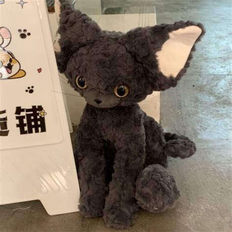 Big Eyes Black Cat Plush Doll Huggable Devon Rex Throw Pillow Festive