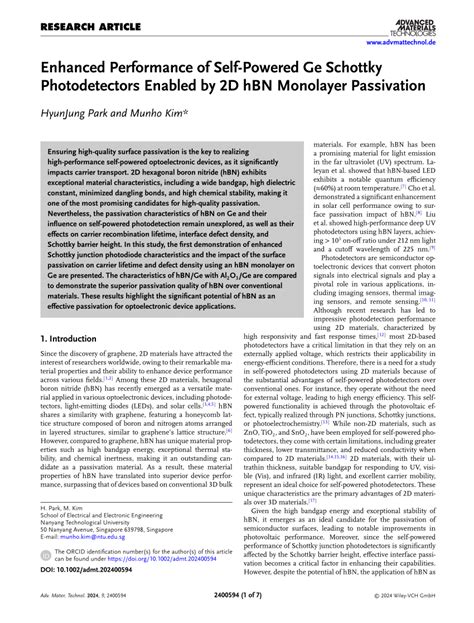 Enhanced Performance Of Self‐powered Ge Schottky Photodetectors Enabled By 2d Hbn Monolayer