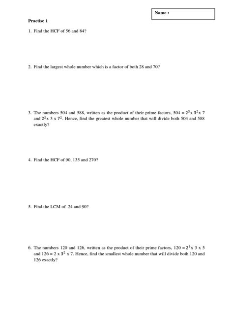 Practise 1 Primes Hcf And Lcm Pdf Numbers Discrete Mathematics