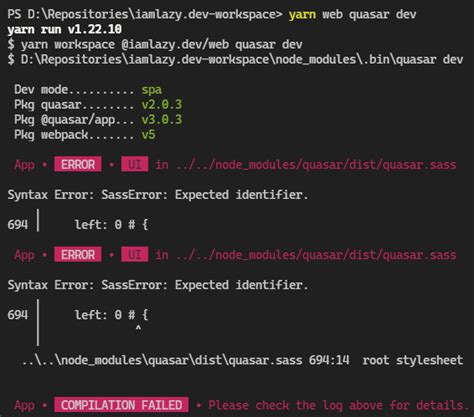 `syntax error sasserror` in quasar devserver with yarn workspace