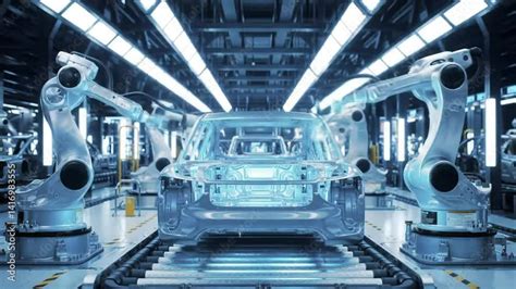 3d Animation Of Robotic Arms Welding On Automated Conveyor Line In Electric Vehicle Factory