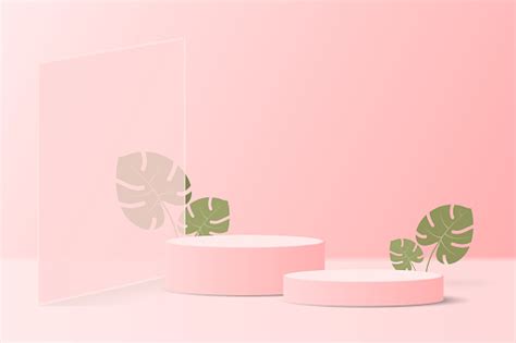 핑크 파스텔 색상의 스튜디오 룸에서 최소한의 장면 현실적인 3d 핑크 실린더 연단 받침대는 열대 야자수 잎과 직사각형 유리 모양으로 서 있습니다 제품 디스플레이 프리젠