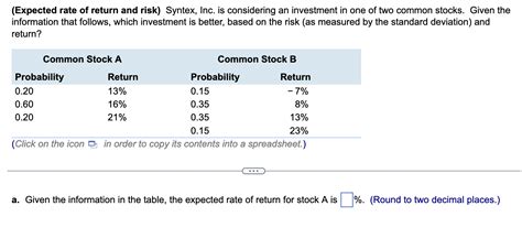 Solved Expected Rate Of Return And Risk Syntex Inc Is