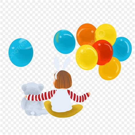 상큼한 풍선 일러스트 여자애와 곰돌이의 뒷모습 여자 아이 삽화 풍선을 들고 있는 소녀 Png 일러스트 및 Psd 이미지