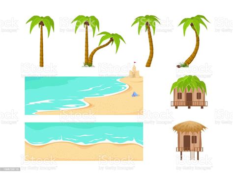 해변 풍경 생성자 모래 해변 열대 야자수 산과 언덕 벡터 일러스트 Eps10 0명에 대한 스톡 벡터 아트 및 기타 이미지 0