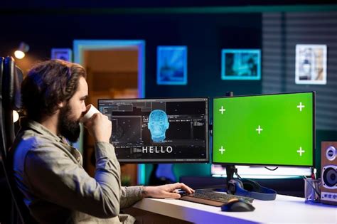 premium photo software developer drinking coffee watching ai on green