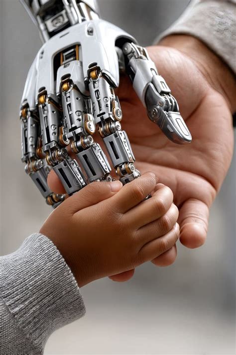 Human And Advanced Robot Handshake Representing Technology And Connection Between Man And