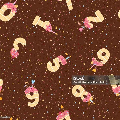 핑크 아이싱 초콜릿 배경에 사탕 뿌리기와 함께 1에서 10까지의 숫자 형태의 생일 케이크와 완벽한 패턴 스펀지 케이크 만화 손으로 그린 스타일의 벡터 그림 0명에 대한 스톡