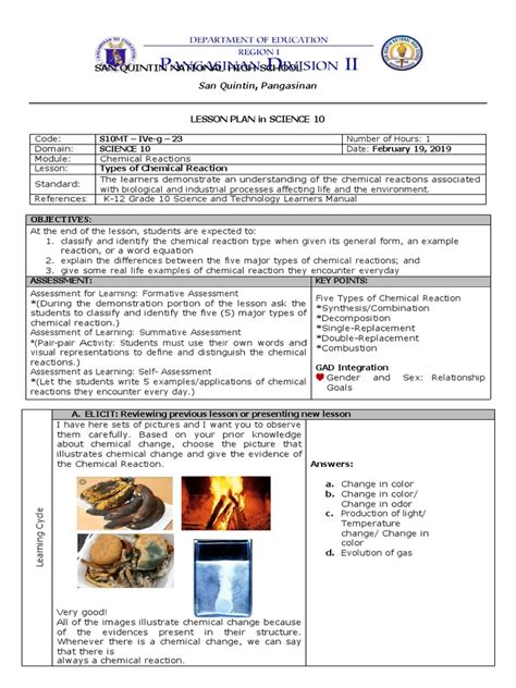 7e lesson plan in types of chemical reaction final pdf free download