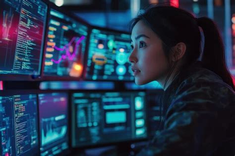 Woman Focused On Multiple Monitors Displaying Data In Hightech