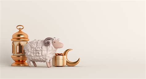염소 양 아랍어 랜턴 초승달 선물 상자 라마단 카림 마울리드 이프타르 이드 알 피트르 무하람 복사 공간 텍스트 영역 3d 그림이