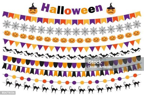 할로윈 축제 장식 플래그 멧 새 갈 랜드의 집합입니다 디자인에 대 한 요소의 컬렉션입니다 흰색 배경에 고립 벡터 일러스트입니다 0명에 대한 스톡 벡터 아트 및 기타 이미지