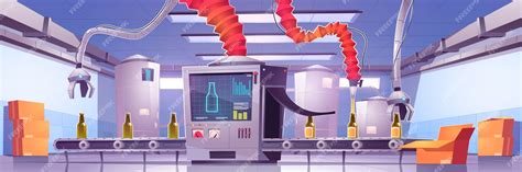 음료 생산 공장의 컨베이어 벨트 무료 벡터
