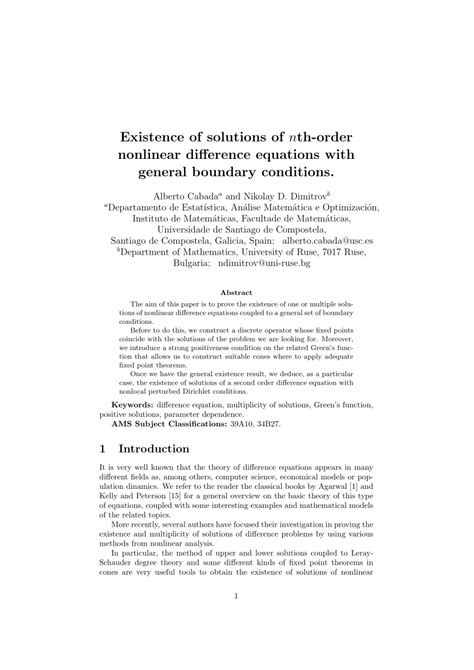 Pdf Existence Of Solutions Of Nth Order Nonlinear Difference Equations With General Boundary