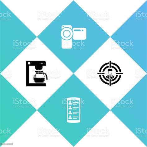 냄비 스마트 폰 연락처 시네마 카메라와 머리 사냥 아이콘커피 기계를 설정합니다 벡터 가정용 캠코더에 대한 스톡 벡터 아트 및 기타 이미지 가정용 캠코더 개념 검은색