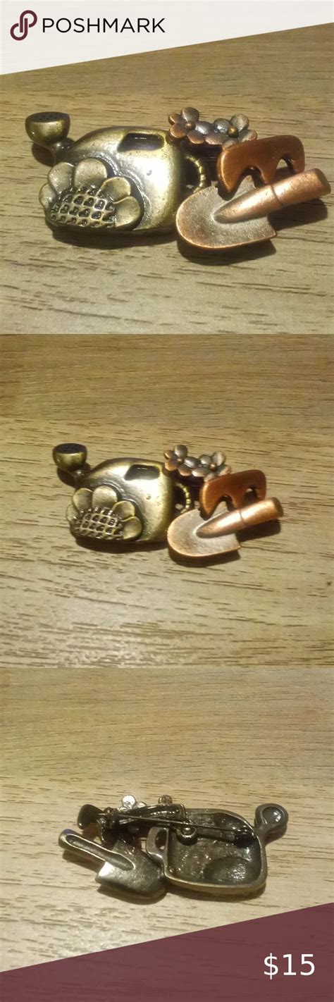 1980s Vintage Flower Gardening Tools Brooch Brass And Copper Tone 1980s